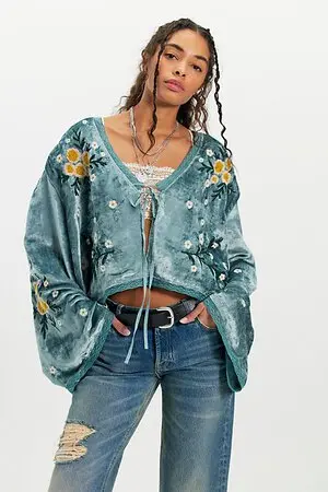 DENIM AND BONE Embroidered Velvet Bed Jacket