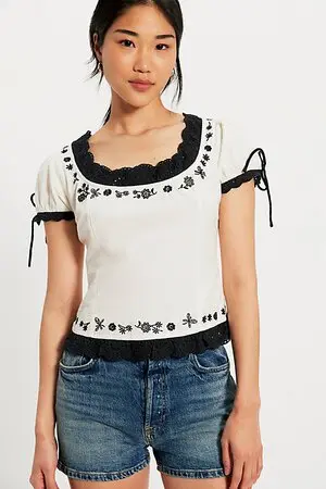 Free People Embroidered Blouse With Bow Details