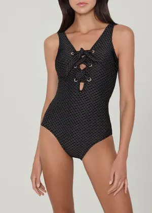 Shoshanna Wave Texture Lace Up One Piece - Jet/gold