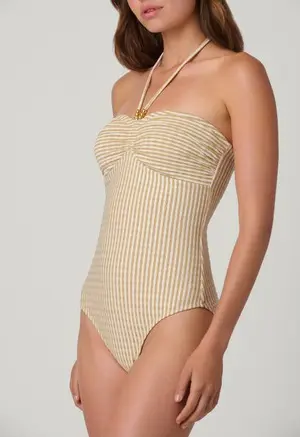 Shoshanna Metallic Seersucker Bandeau One-piece Swimsuit