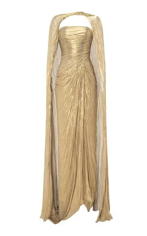 MARMAR HALIM Strapless Pleated Lamé Gown With Cape - Gold