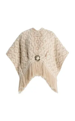 CURATORIA Acacia Merino Wool Poncho With Geometric Weave And Fringe - Ivory