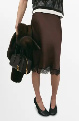 Mango Lace Trim Satin Midi Skirt - Brown