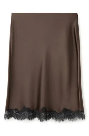 Mango Lace Trim Satin Midi Skirt - Brown