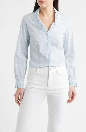 Anne Klein Ruffle-trimmed Striped Cotton Shirt - Blue Wash Multi