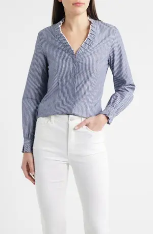 Anne Klein Ruffle-trimmed Striped Cotton Shirt - Distant Mntn Multi