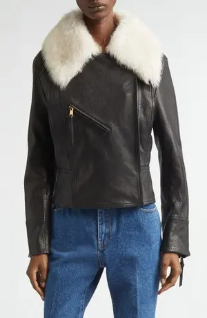Balmain Shearling Collar Leather Biker Jacket - Ecru/jet Black/natural