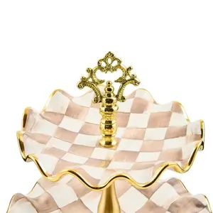 MACKENZIE-CHILDS Check Ceramic 3-tier Sweet Stand - Mocha