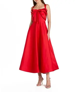 Mac Duggal Satin Sleeveless A-line Ankle Dress With Bow Detail