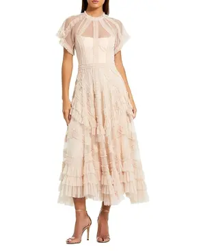 Mac Duggal Flutter Sleeve Mesh Midi Dress With Ruffles