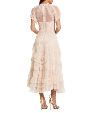 Mac Duggal Flutter Sleeve Mesh Midi Dress With Ruffles
