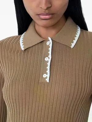 Moncler Ribbed Button Polo Top - Brown