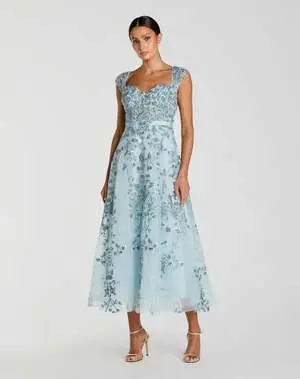 Mac Duggal Floral Embroidered Sweetheart Neckline Midi Dress - Blue