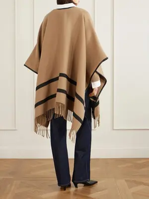Max Mara Fringed Leather-trimmed Wool-jacquard Cape