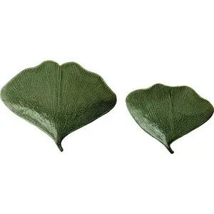 STORIED HOME Boho Stoneware Gingko Leaf Shaped Plates - Green