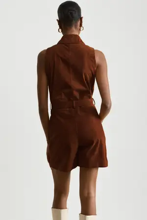 FURNIQ UK Alina Suede Sleeveless Romper With Belted Waist And Utility Pockets - Chestnut