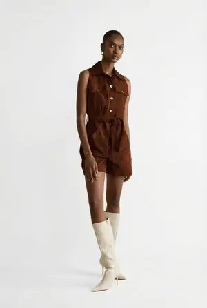FURNIQ UK Alina Suede Sleeveless Romper With Belted Waist And Utility Pockets - Chestnut