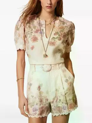TWINSET Linen Floral Print Shorts With Buckled Belt