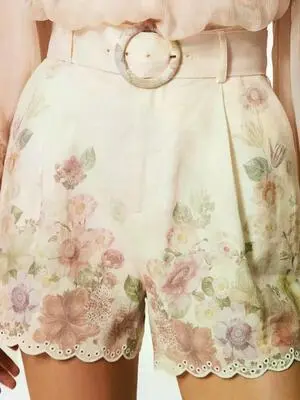 TWINSET Linen Floral Print Shorts With Buckled Belt