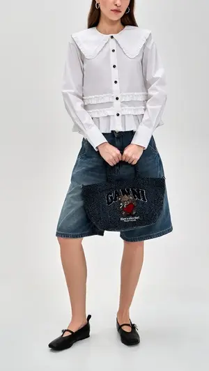 GANNI Small Trapeze Shopper Bear Tweed Denim Tote - Rinse