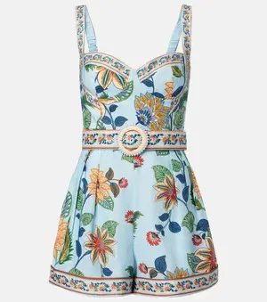 Farm Rio Delhi Floral Belted Linen Romper - Blue
