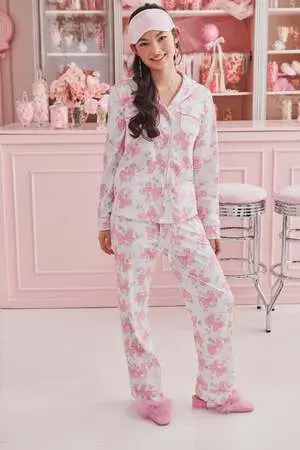 LoveShackFancy X Roller Rabbit Doily Beux Long Sleeve Polo Pajama - Doily Beux/pink Sugar