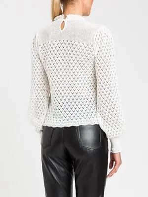 TWINSET Perforated Cotton Blend Crew Neck Pullover With Ruffle And Embroidery