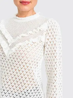 TWINSET Perforated Cotton Blend Crew Neck Pullover With Ruffle And Embroidery
