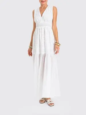 TWINSET Broderie Anglaise V-neck Sleeveless Maxi Dress - White