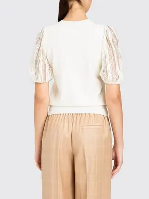 TWINSET Viscose Blend Top With Embroidered Lace Puff Sleeves