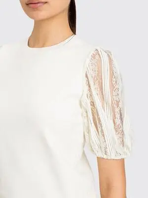 TWINSET Viscose Blend Top With Embroidered Lace Puff Sleeves