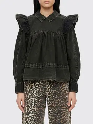 GANNI Organic Cotton Denim Blouse With Ruffles - Black