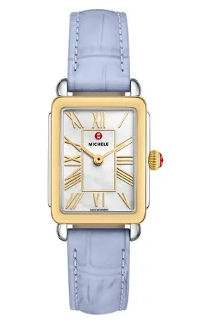 Michele Deco Park Two-tone Mother-of-pearl Leather Strap Watch - Blue