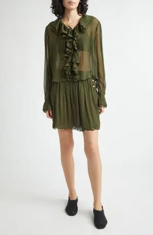 BODE Flounce Ruffle Silk Top - Olive