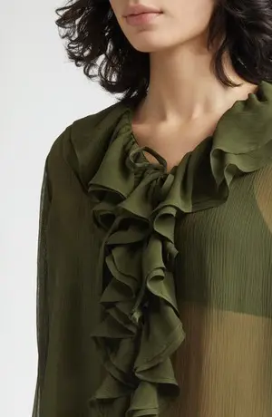 BODE Flounce Ruffle Silk Top - Olive