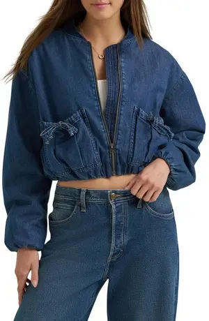 LEEM Oversized Bubble Hem Denim Bomber Jacket