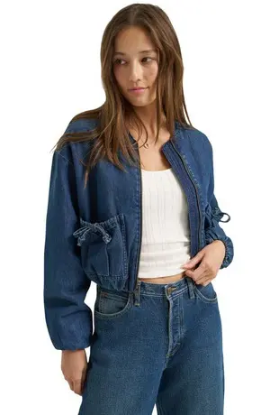 LEEM Oversized Bubble Hem Denim Bomber Jacket