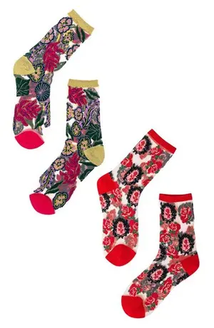 SOCK CANDY Floral Sheer Crew Socks 2-pack - Red Multi
