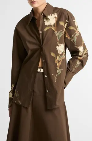 Vince Iris Print Longline Shirt - Dark Bark