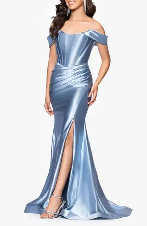 Betsy & Adam Luanna Satin Off-the-shoulder Corset Gown