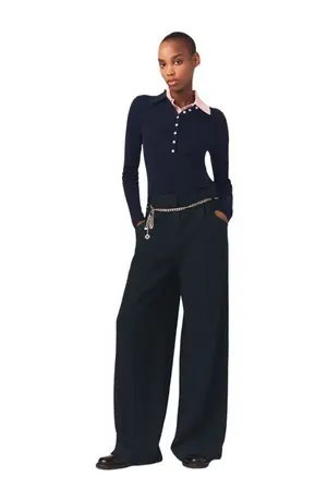 Maje Tweed Wide-leg Trousers With Chain Belt - Navy