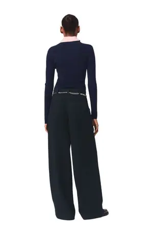 Maje Tweed Wide-leg Trousers With Chain Belt - Navy
