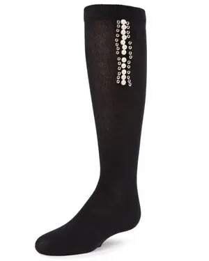 MEMOI Pearls And Stripes Knee High Socks - Black