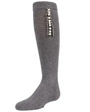 MEMOI Pearls And Stripes Knee High Socks - Medium Gray