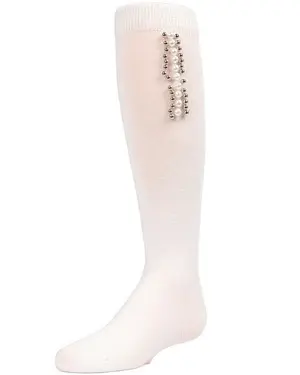 MEMOI Pearls And Stripes Knee High Socks - Winter White