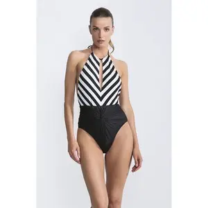 NESSI BYRD Striped Plunging Keyhole One-piece Swimsuit - Black-white