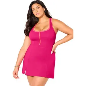 SWIMSUITS FOR ALL Zip-front Swimdress With Contrast Trim - Rose