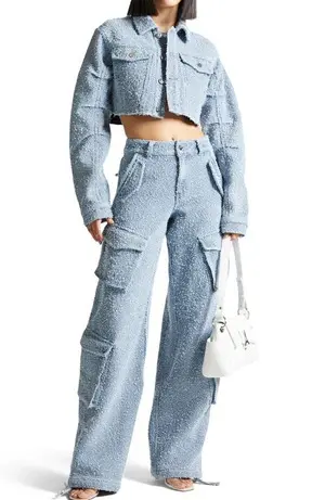 Manière De Voir Catherine Cropped Boucle Denim Jacket - Mid Blue
