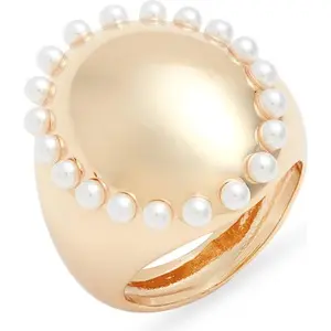 OPEN EDIT Faux Pearl Signet Ring - White- Gold