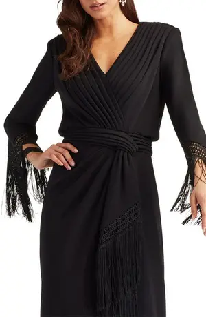 Tadashi Shoji Fringe Detail Long Sleeve Gown